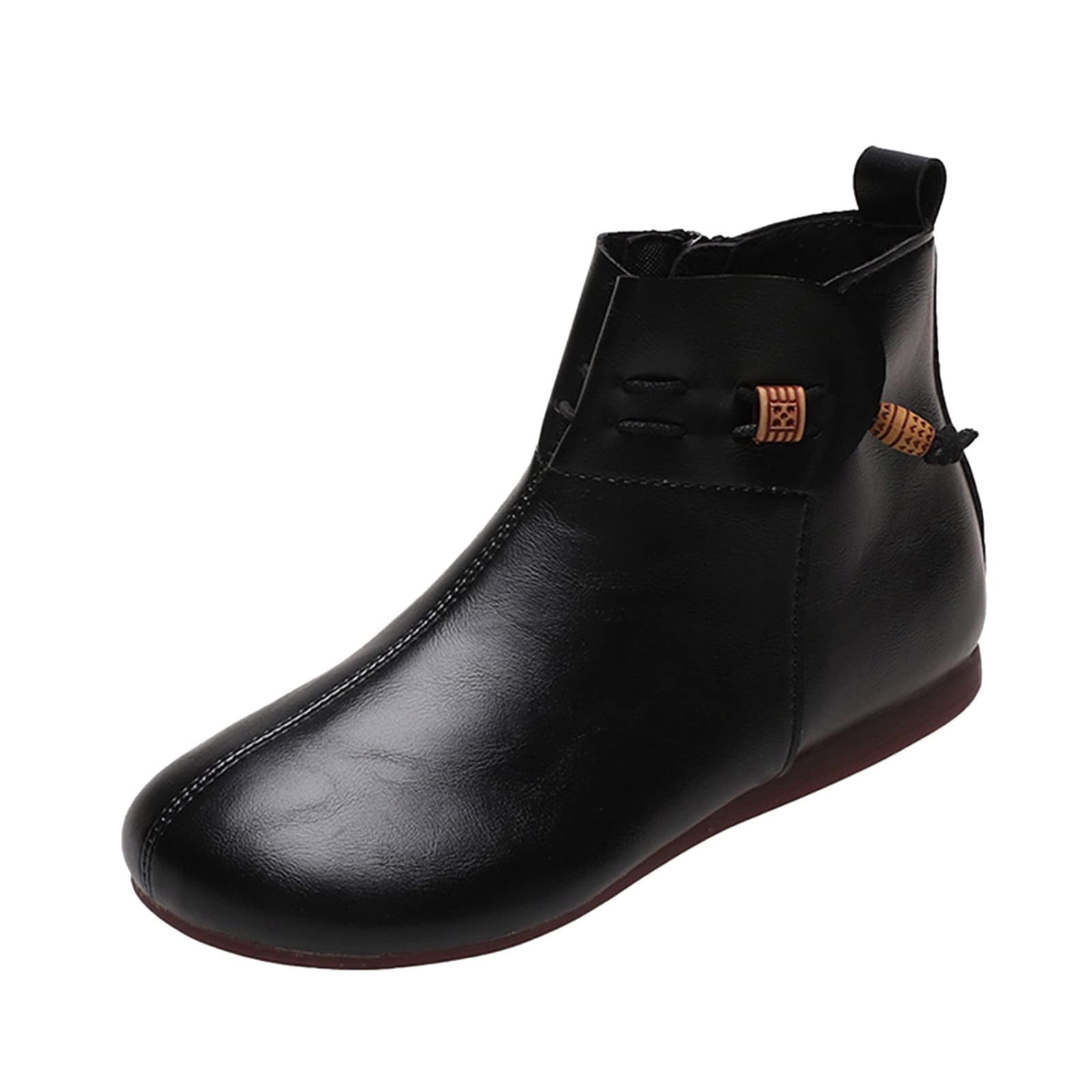 Jsaierl Womens Flat Ankle Bootie Leather Round Toe Strap Short Boots ...