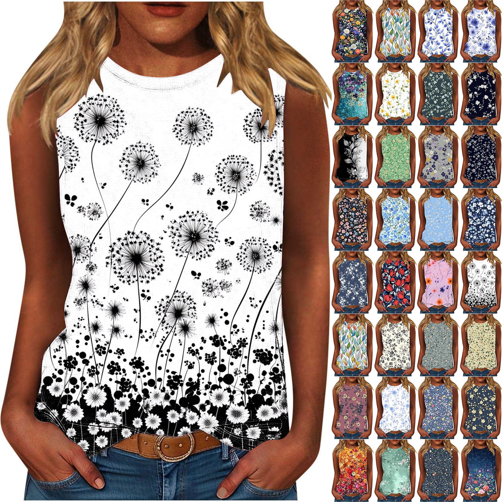 Jsaierl Womens Flower Print Crewneck Tank Tops Graphic Curved Hem ...
