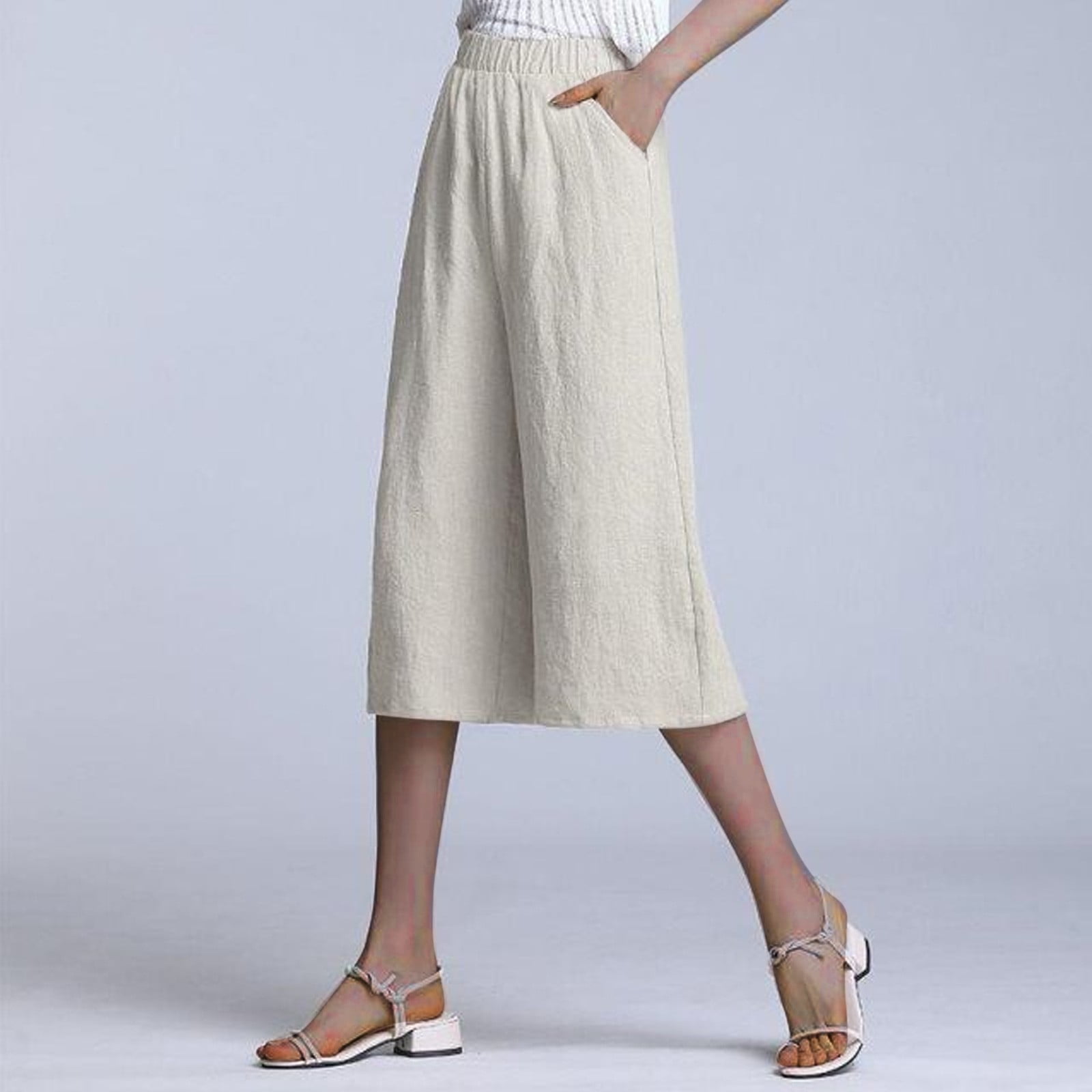 Jsaierl Womens Linen Capri Pants Summer Elastic Waist Capri Shorts ...