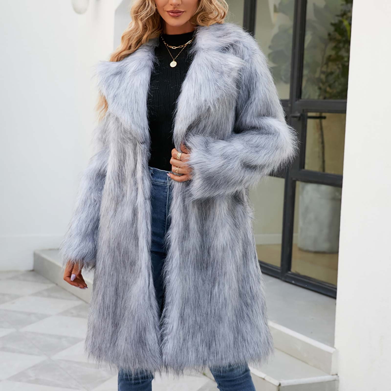 Jsaierl Womens Long Fuzzy Coat Fleece Winter Jacket Faux Fur Clothes Plus Size Open Front ...