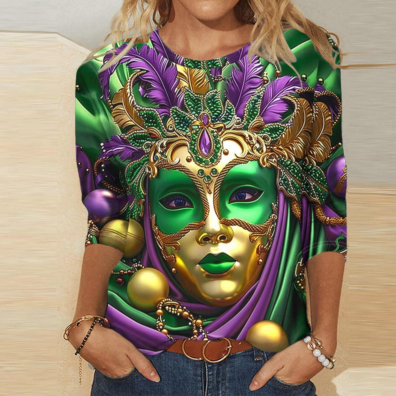 Jsaierl Womens Mardi Gras Shirts 3/4 Length Sleeve Crewneck Tee Top ...