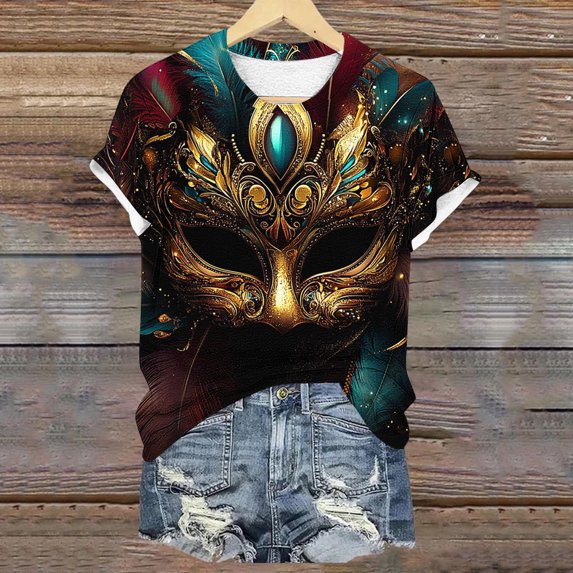 Jsaierl Womens Mardi Gras Shirts Cute Carnival Themed Mask Graphic Tees ...