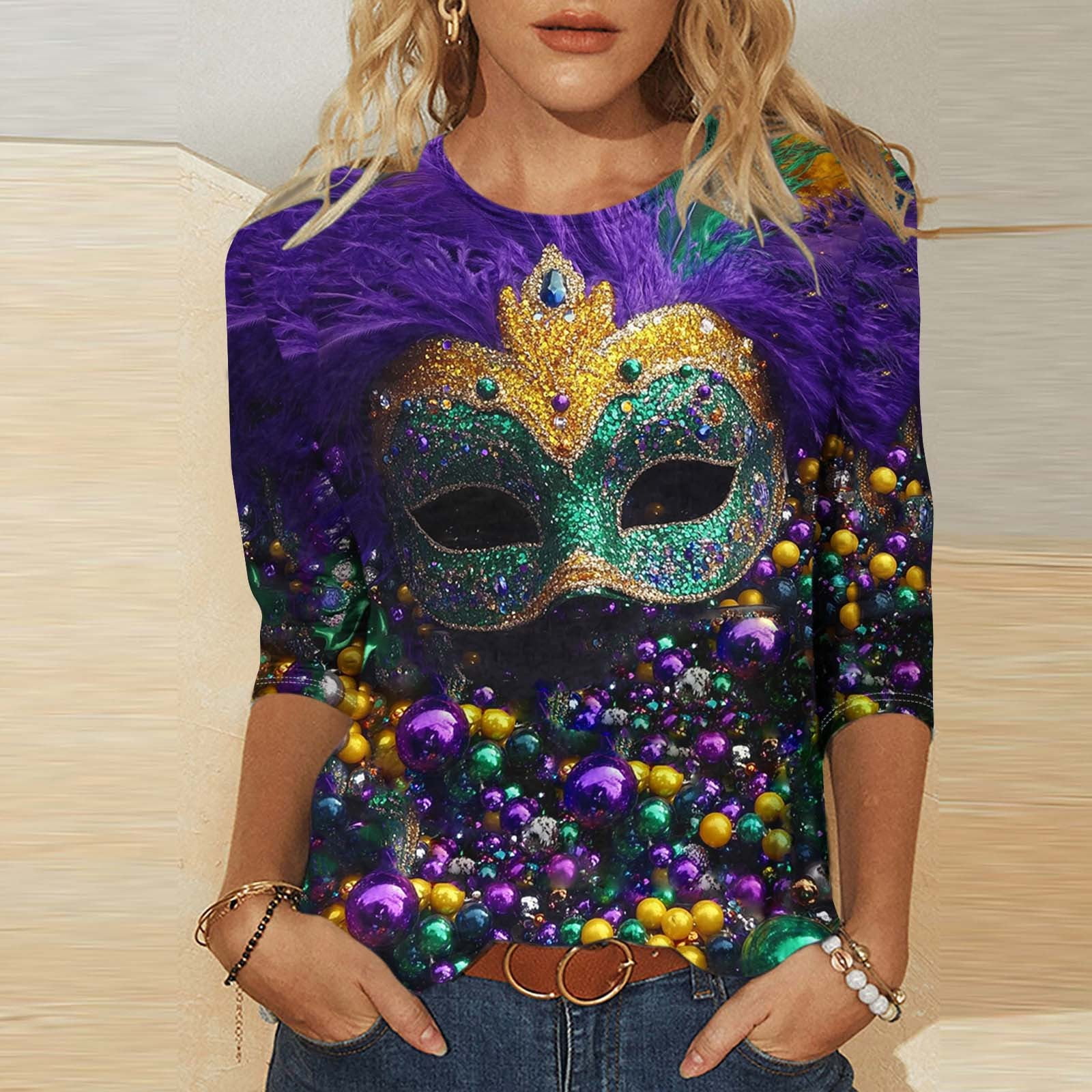 Jsaierl Womens Mardi Gras Tshirts Funny Carnival Themed Mask Print Tees ...