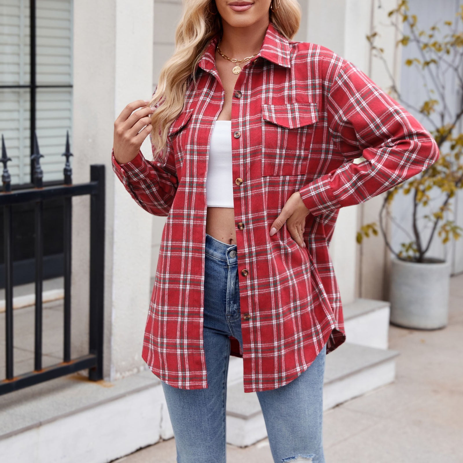 Jsaierl Womens Plaid Flannel Shirts Long Sleeve Fall Clothes Women ...