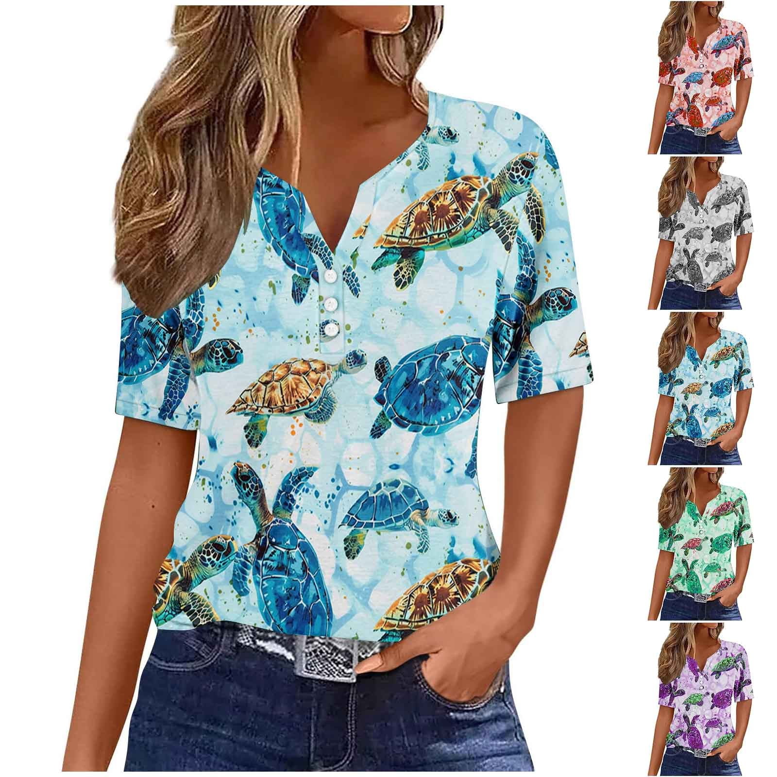 Jsaierl Womens T Shirts V Neck Buttons Down Tops Casual Sea Turtles ...