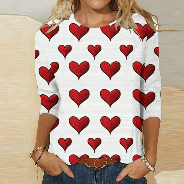 Jsaierl Womens Tops Casual 3/4 Sleeve Shirts Crew Neck Loose Casual Blouses Cute Heart Print ...