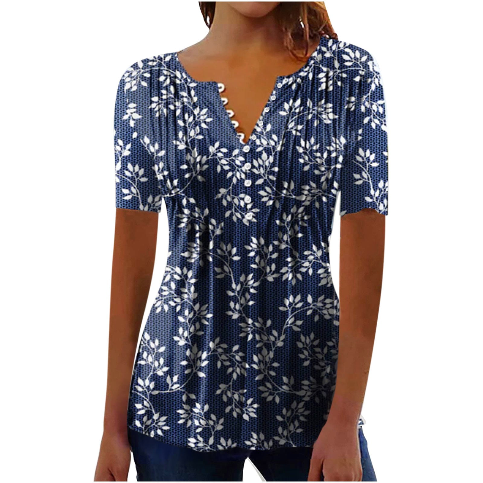 Jsaierl Womens Tops Clearance Hide Belly Shirts Summer Pleated Button V ...