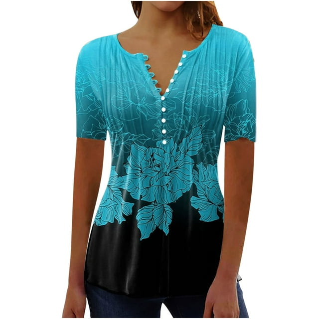 Jsaierl Womens Tops Clearance Hide Belly Shirts Summer Pleated Button V ...