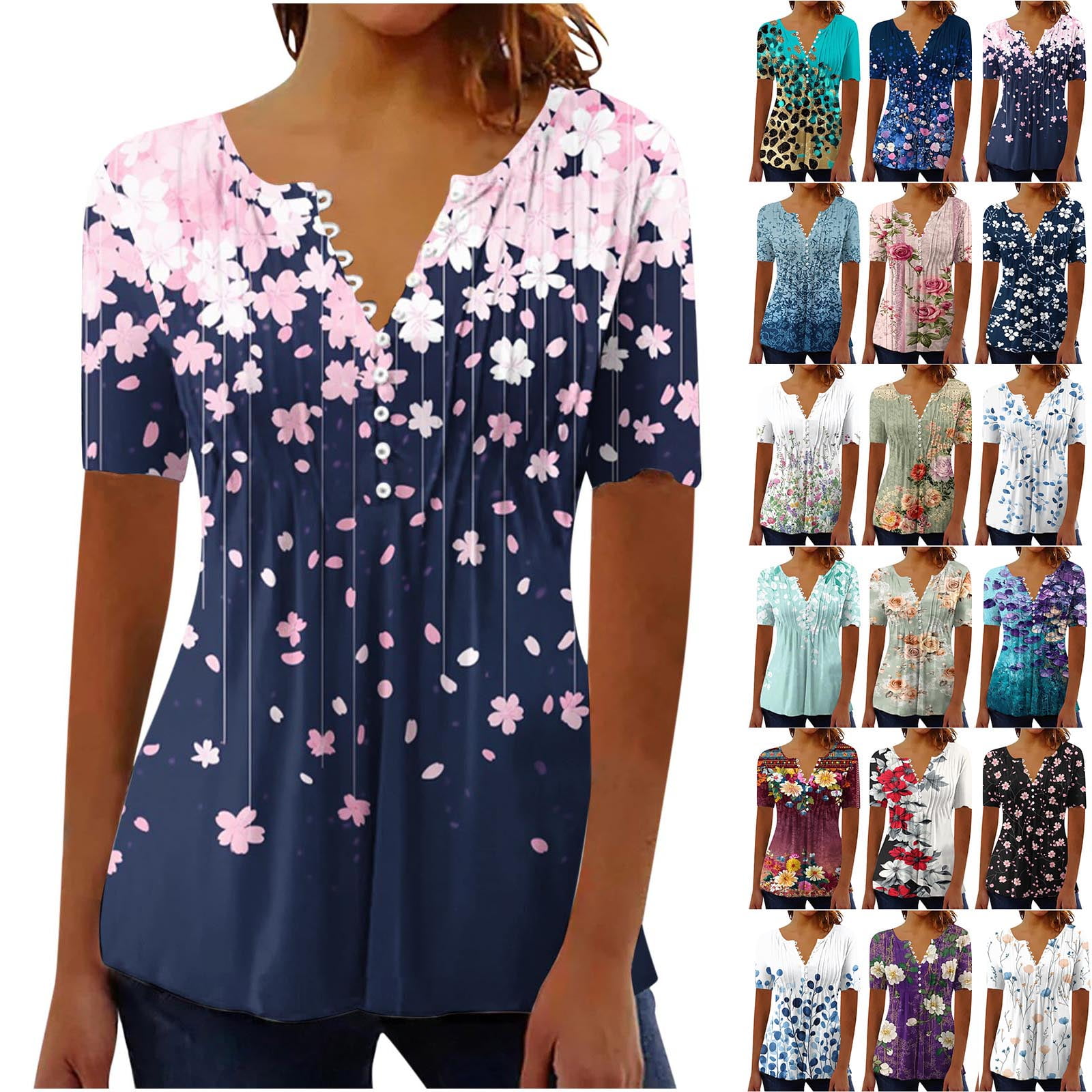 Jsaierl Womens Tops Hide Belly Shirts Summer Pleated Button V Neck T ...