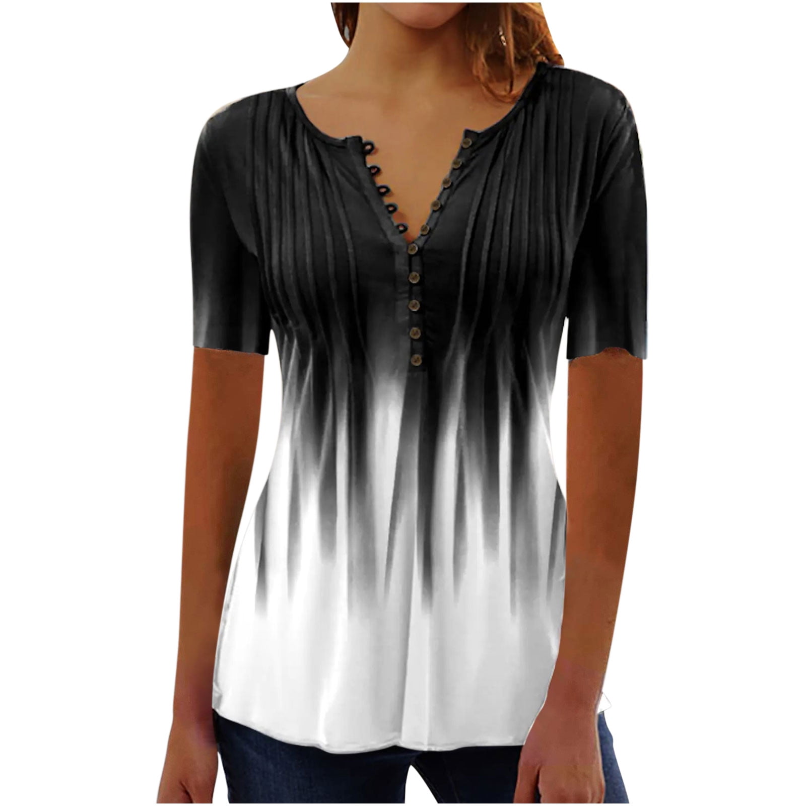 Jsaierl Womens Tops Hide Belly Shirts Summer Pleated Button V Neck T ...