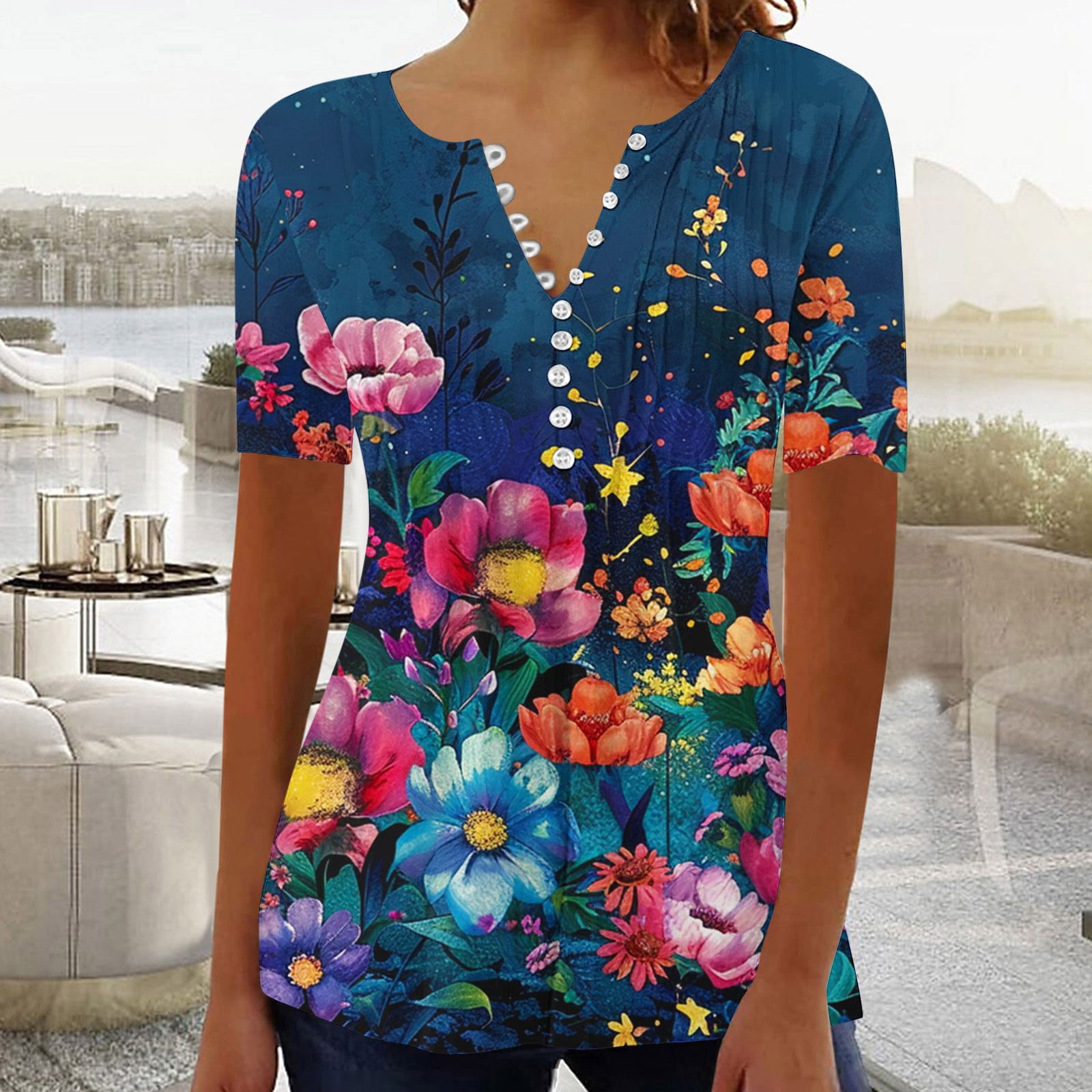 Jsaierl Womens Tops Hide Belly Shirts Summer Pleated Button V Neck T ...