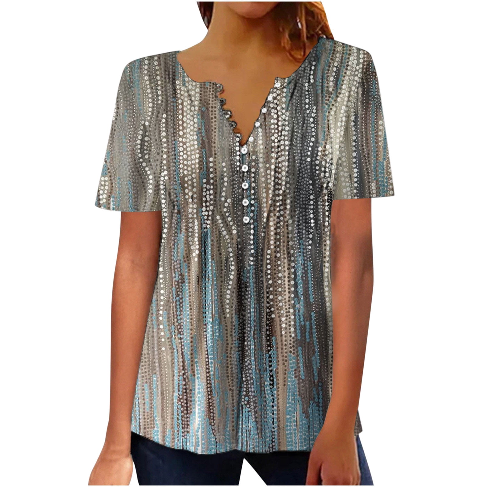 Jsaierl Womens Tops Hide Belly Shirts Summer Pleated Button V Neck T ...