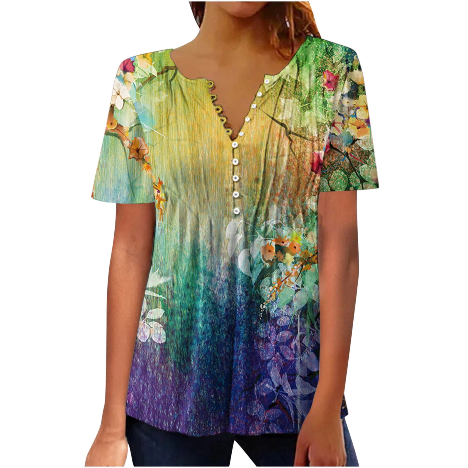 Jsaierl Womens Tops Hide Belly Shirts Summer Pleated Button V Neck T ...