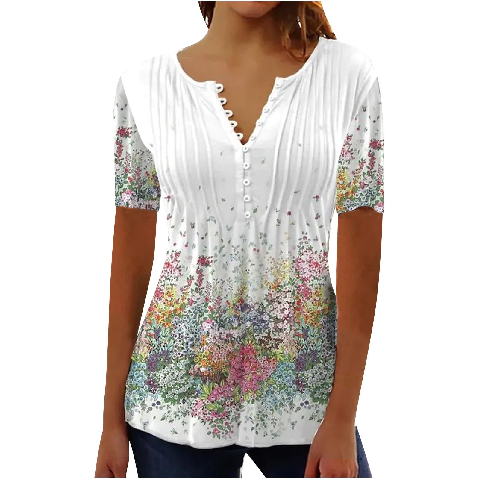 Jsaierl Womens Tops Hide Belly Shirts Summer Pleated Button V Neck T ...