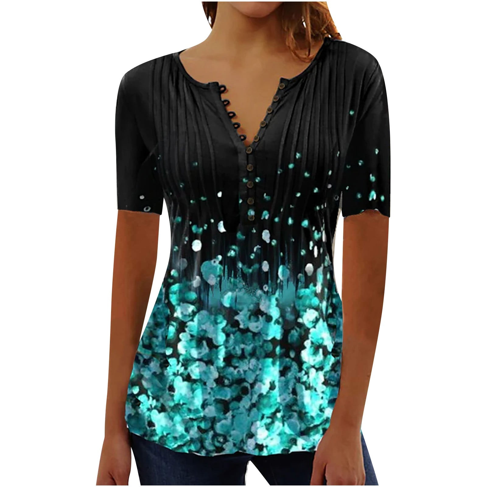 Jsaierl Womens Tops Hide Belly Shirts Summer Pleated Button V Neck T ...