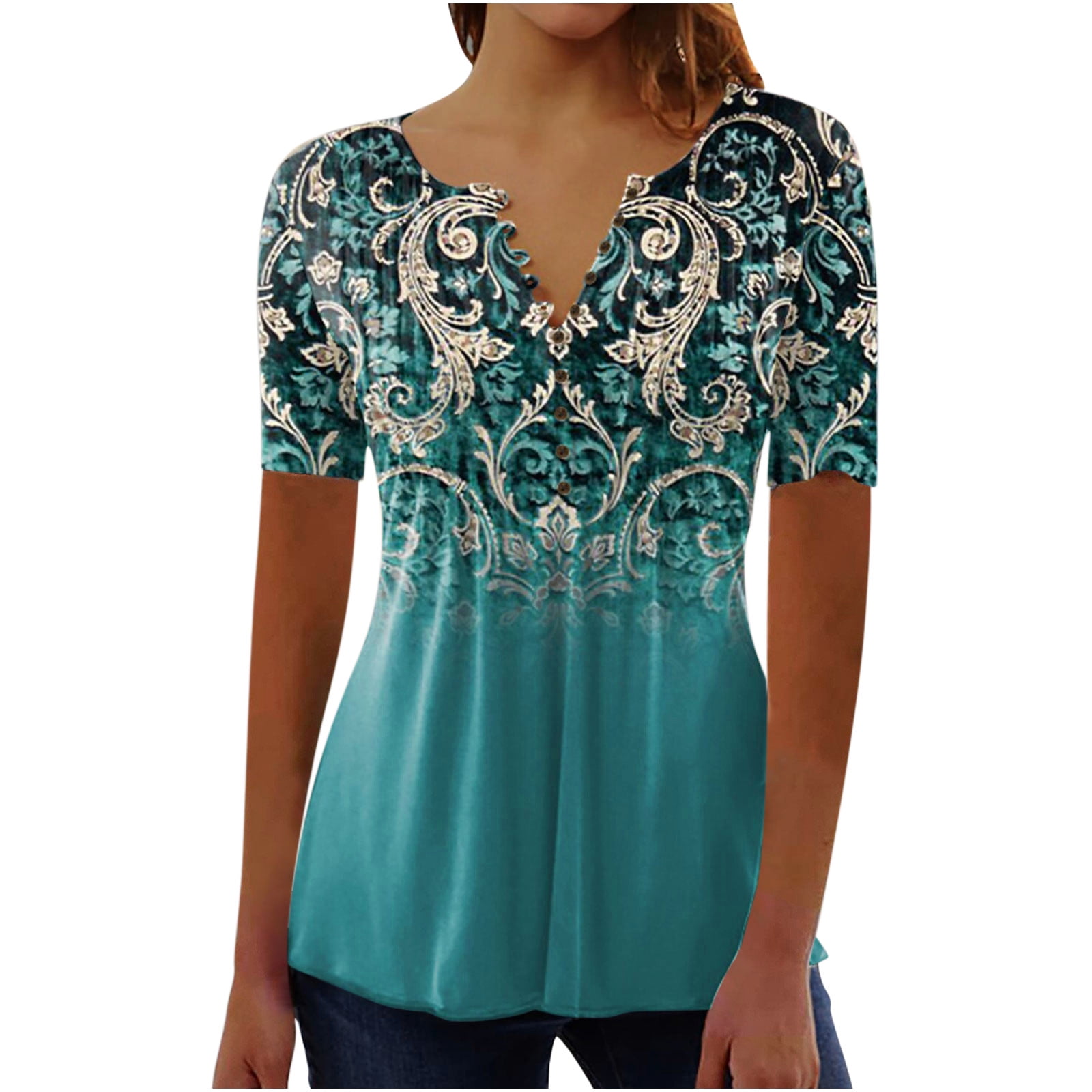 Jsaierl Womens Tops Hide Belly Shirts Summer Pleated Button V Neck T ...