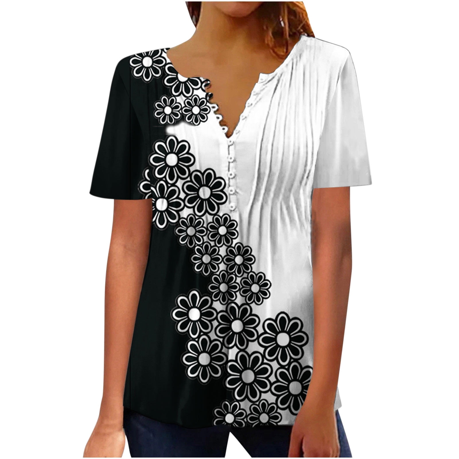 Jsaierl Womens Tops Hide Belly Shirts Summer Pleated Button V Neck T ...