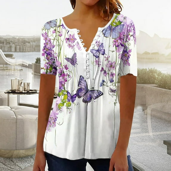 Jsaierl Womens Tops Hide Belly Shirts Summer Pleated Button V Neck T ...