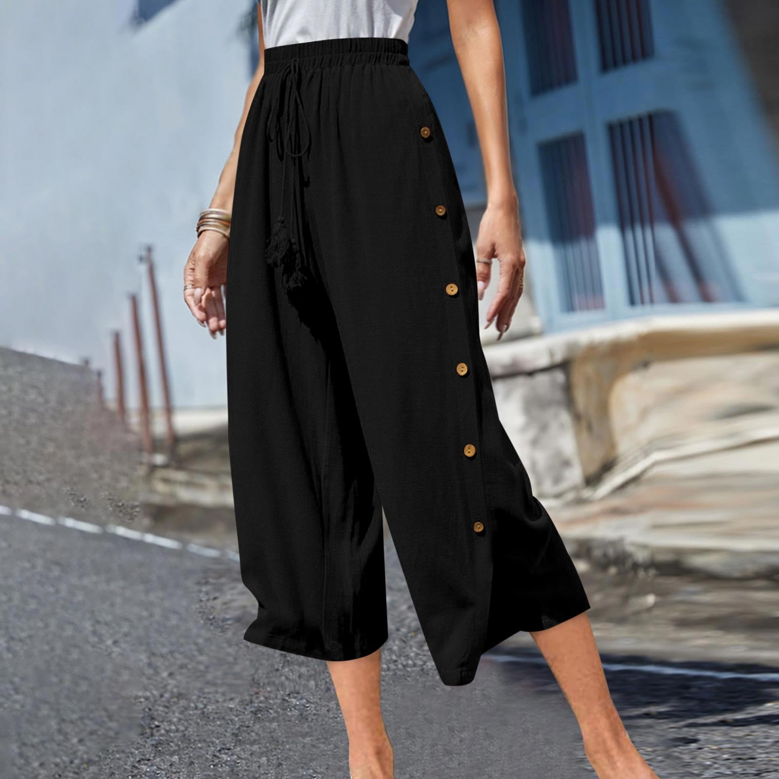 Jsaierl Womens Wide Leg Cotton Linen Capris Pants Summer Elastic Waist
