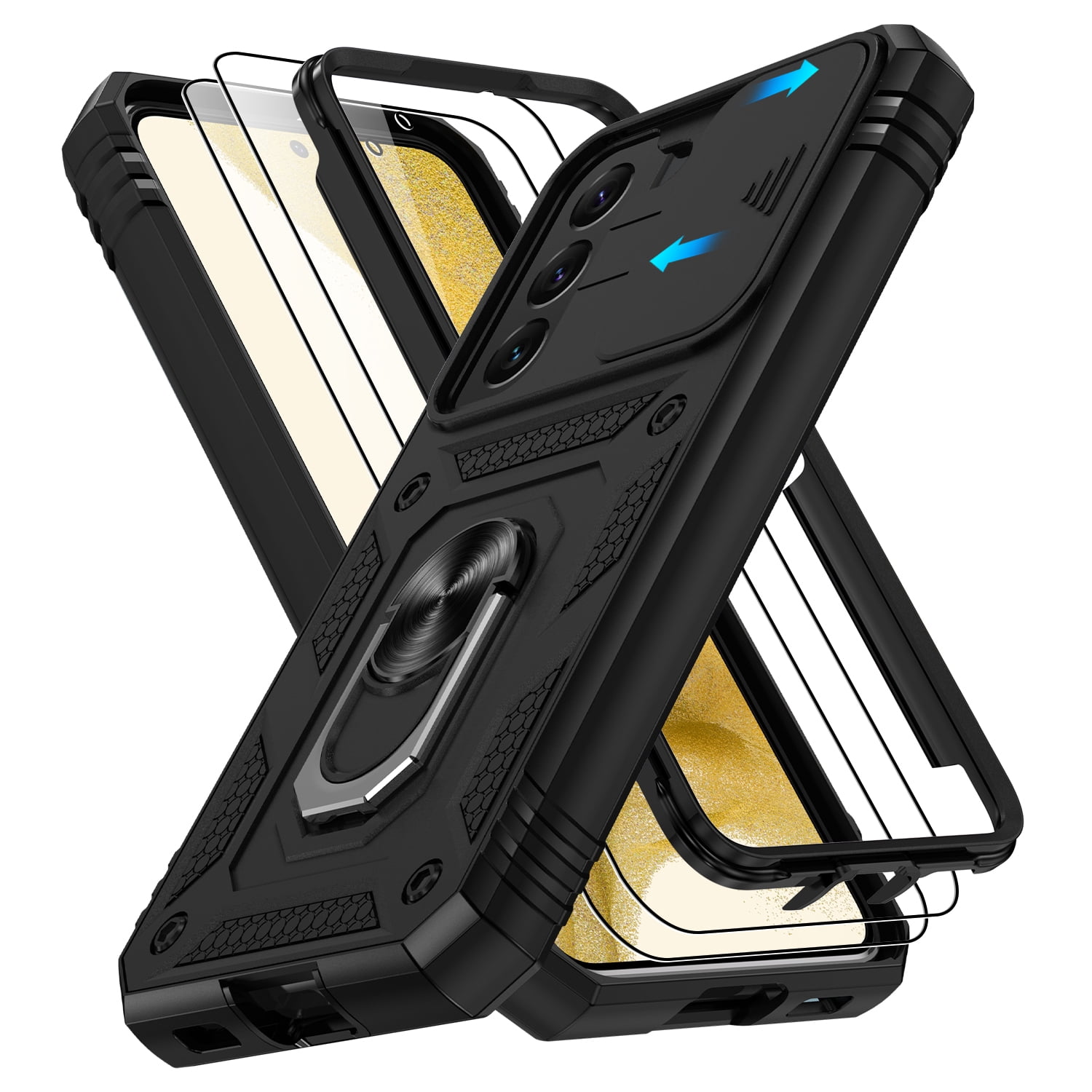 Jshru Samsung Galaxy S22 Case with Slide Camera Cover and 360° Rotation Ring Kickstand 2PCS ...