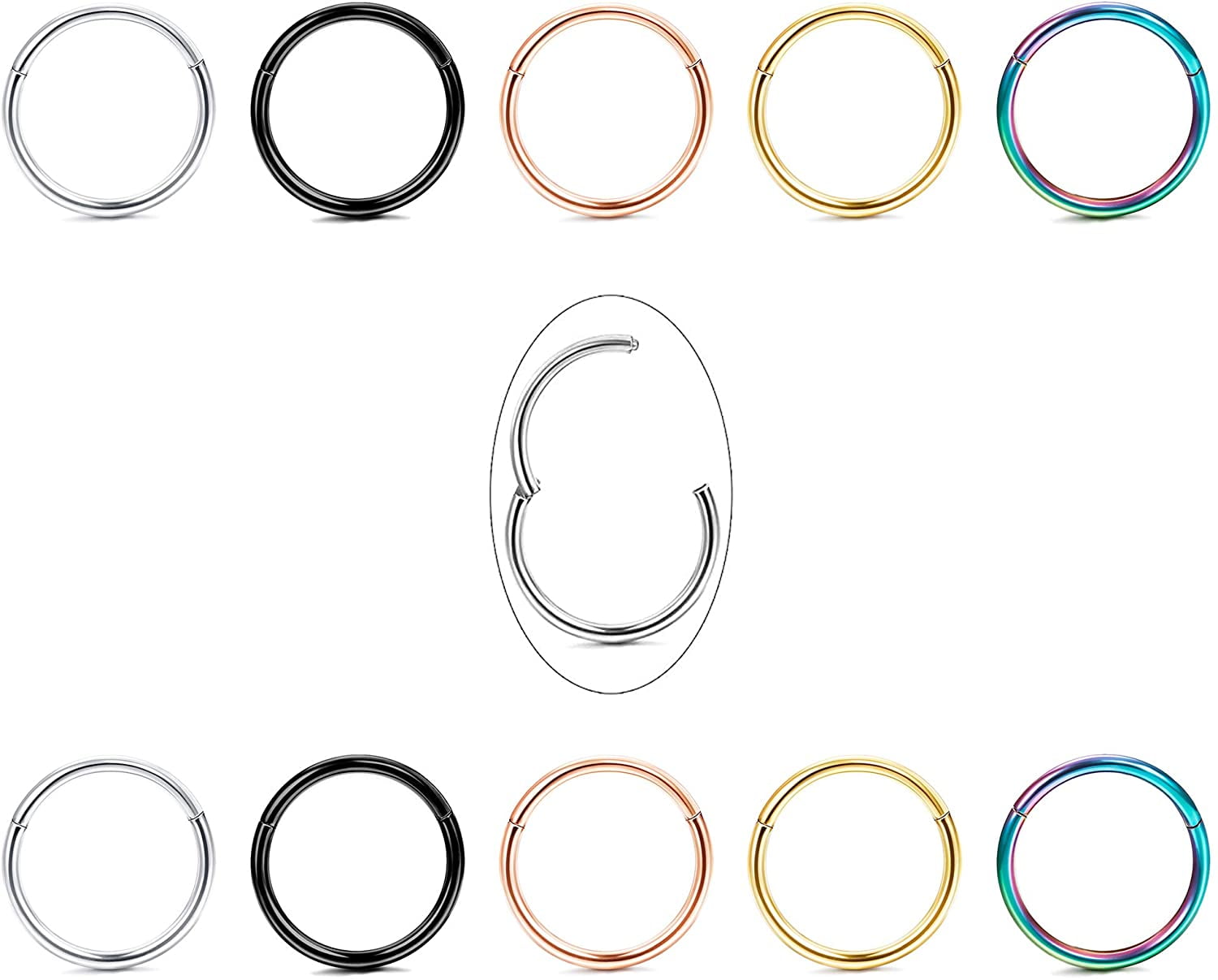 Jstyle 10Pcs 18G Stainless Steel Hinged Clicker Segment Nose Rings Hoop ...