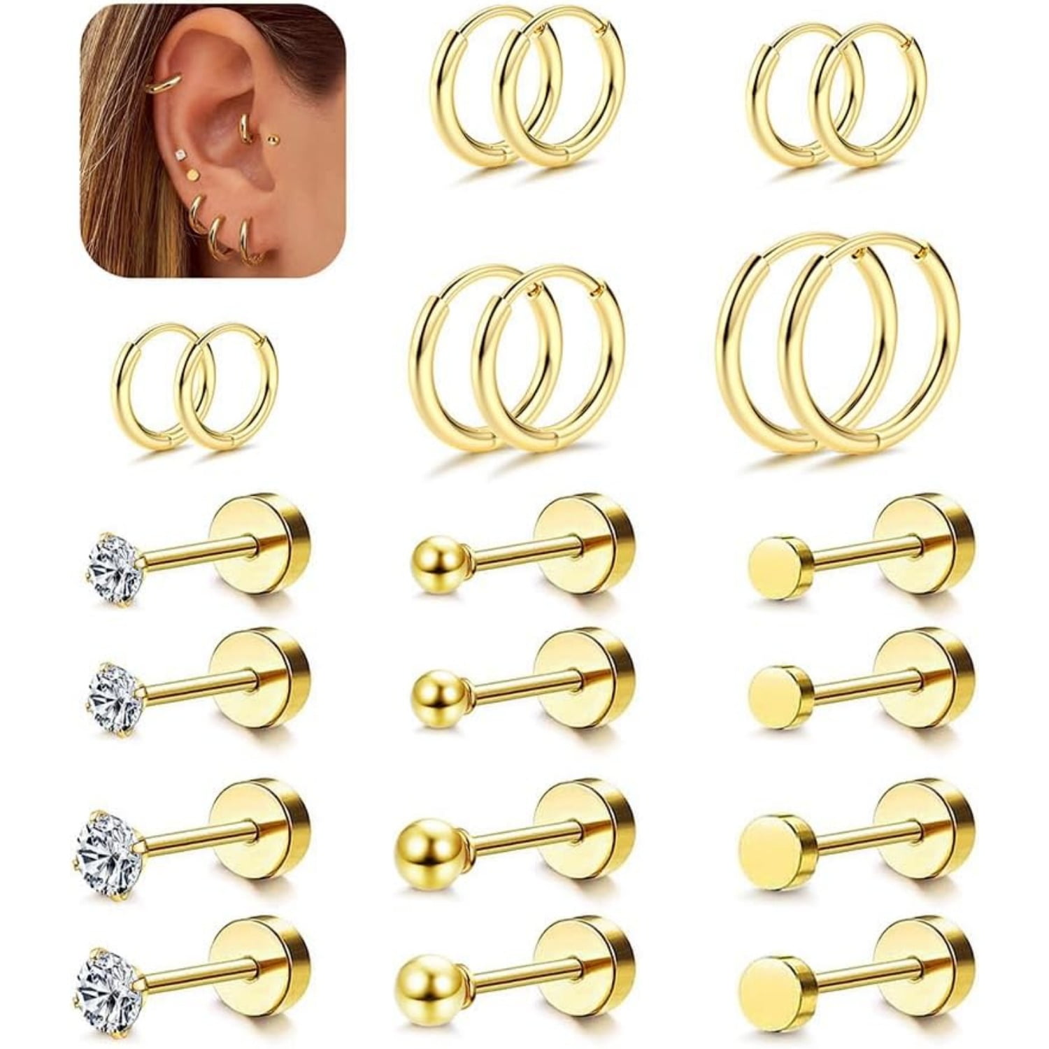 Jstyle 11/15 Pairs Small Hypoallergenic Flat Back Stud Earrings for ...