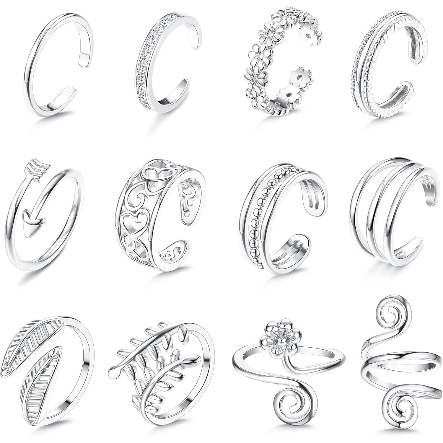 Jstyle 12 PCS Adjustable Toe Rings for Women Golden Silvery Black Open ...