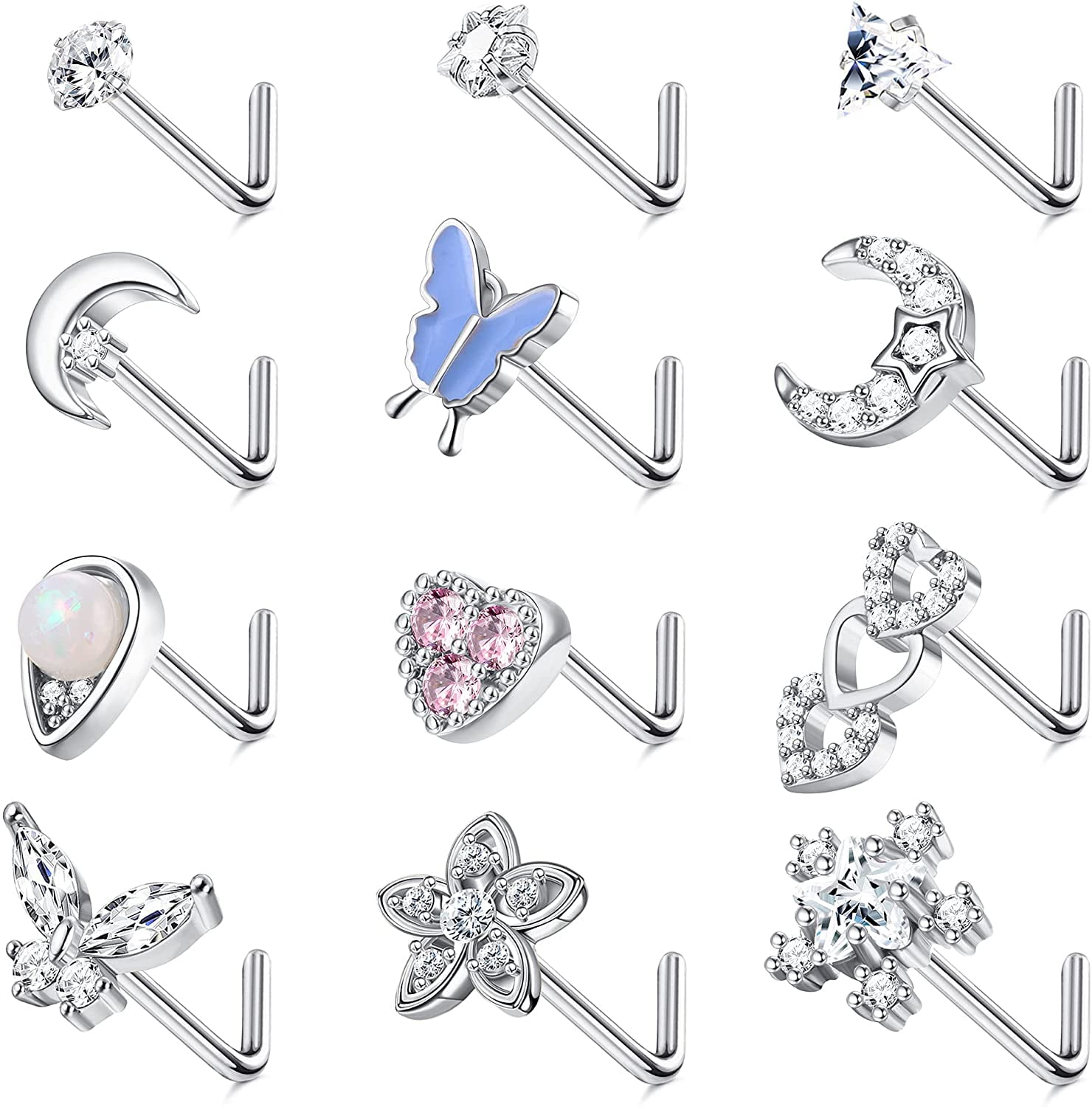 Jstyle 12PCS 20G Surgical Steel Nose Rings Studs for Women Men CZ Moon ...