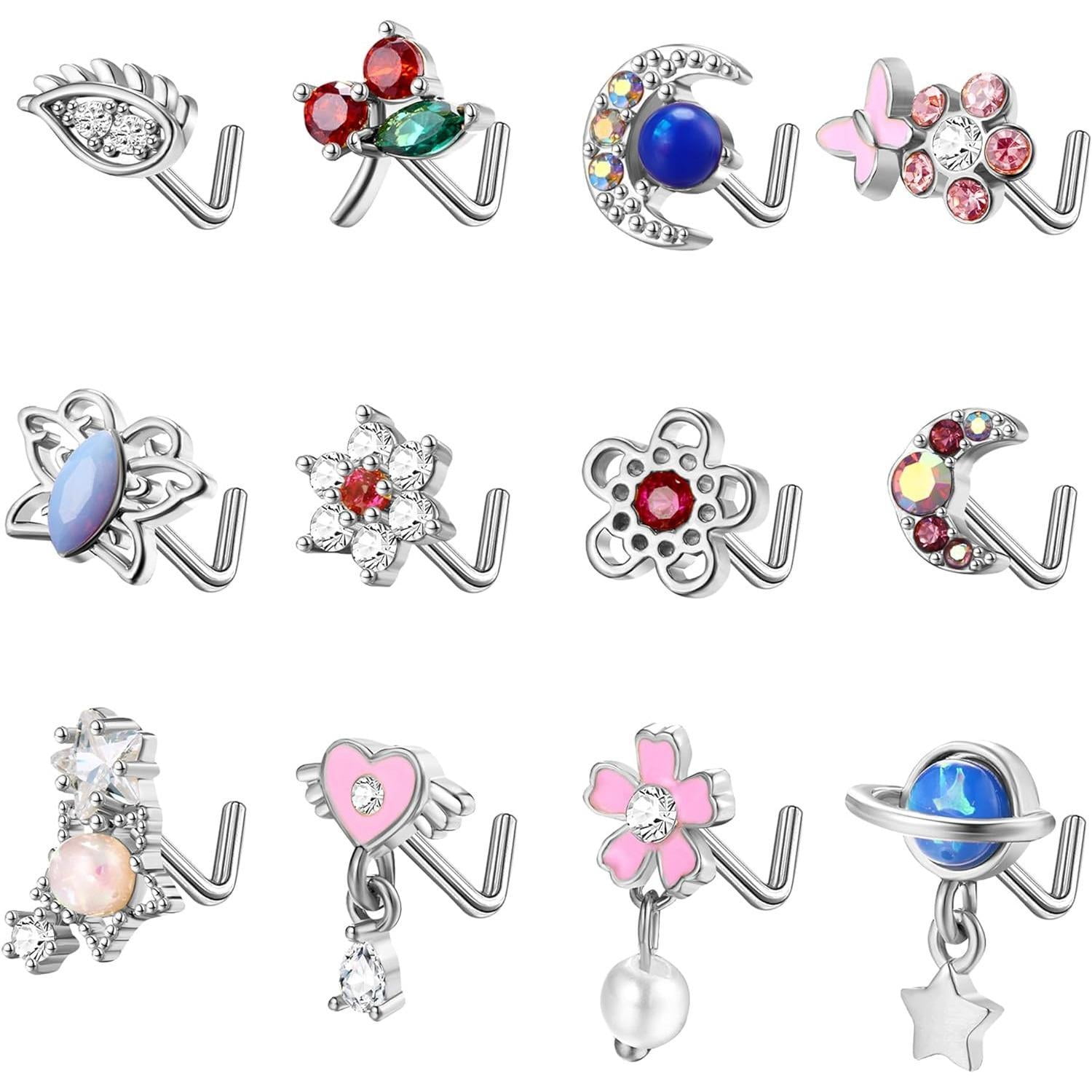 Jstyle 12Pcs Nose Rings Nose Studs for Women L Shaped Stainless Steel ...