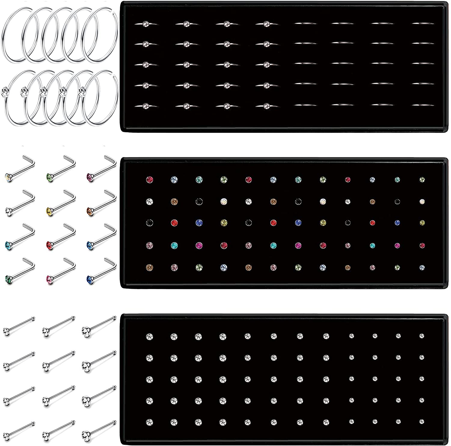 Nose Rings Studs 3 Sets 160Pcs Stainless Steel Studs Rings Piercing Pin ...