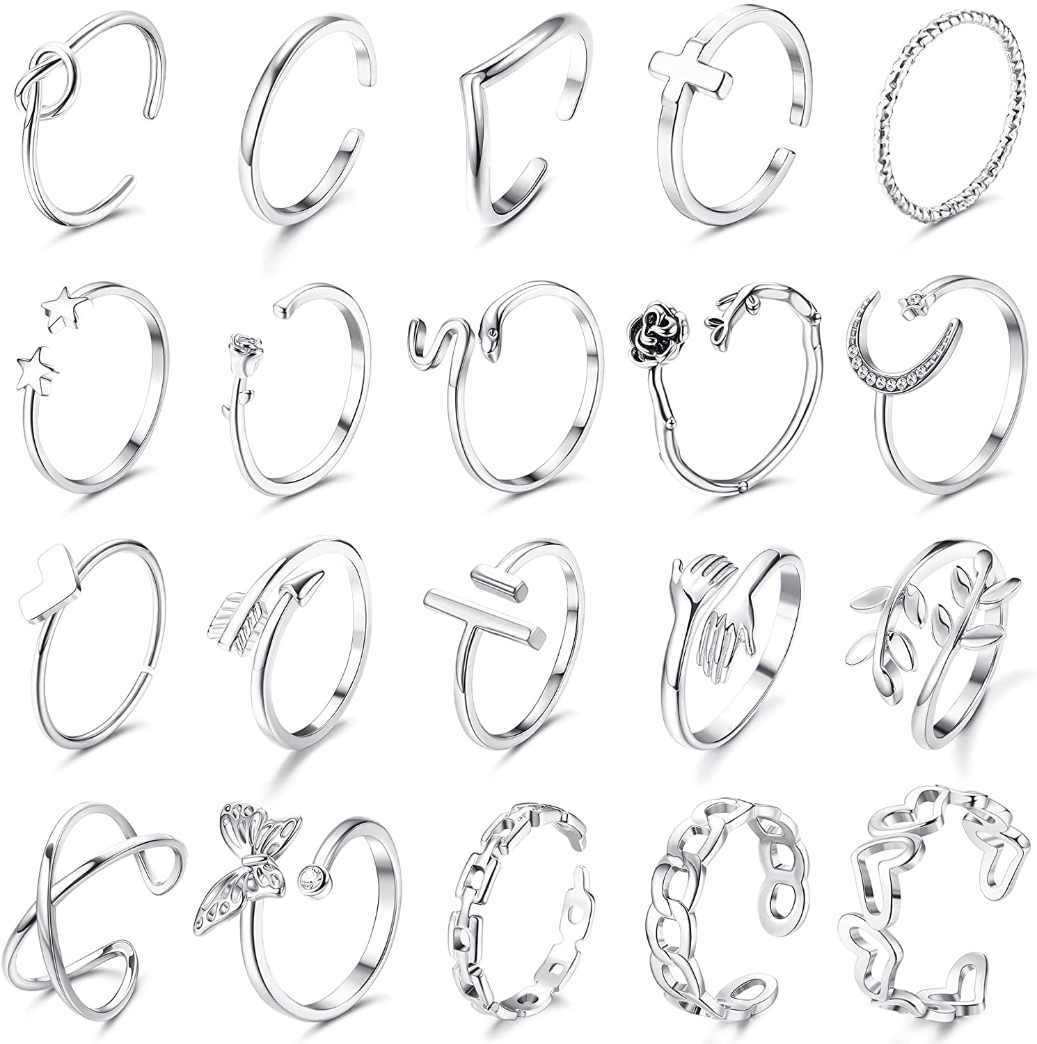 Jstyle 20 Pcs Open Adjustable Rings Set for Women Stackable Finger ...