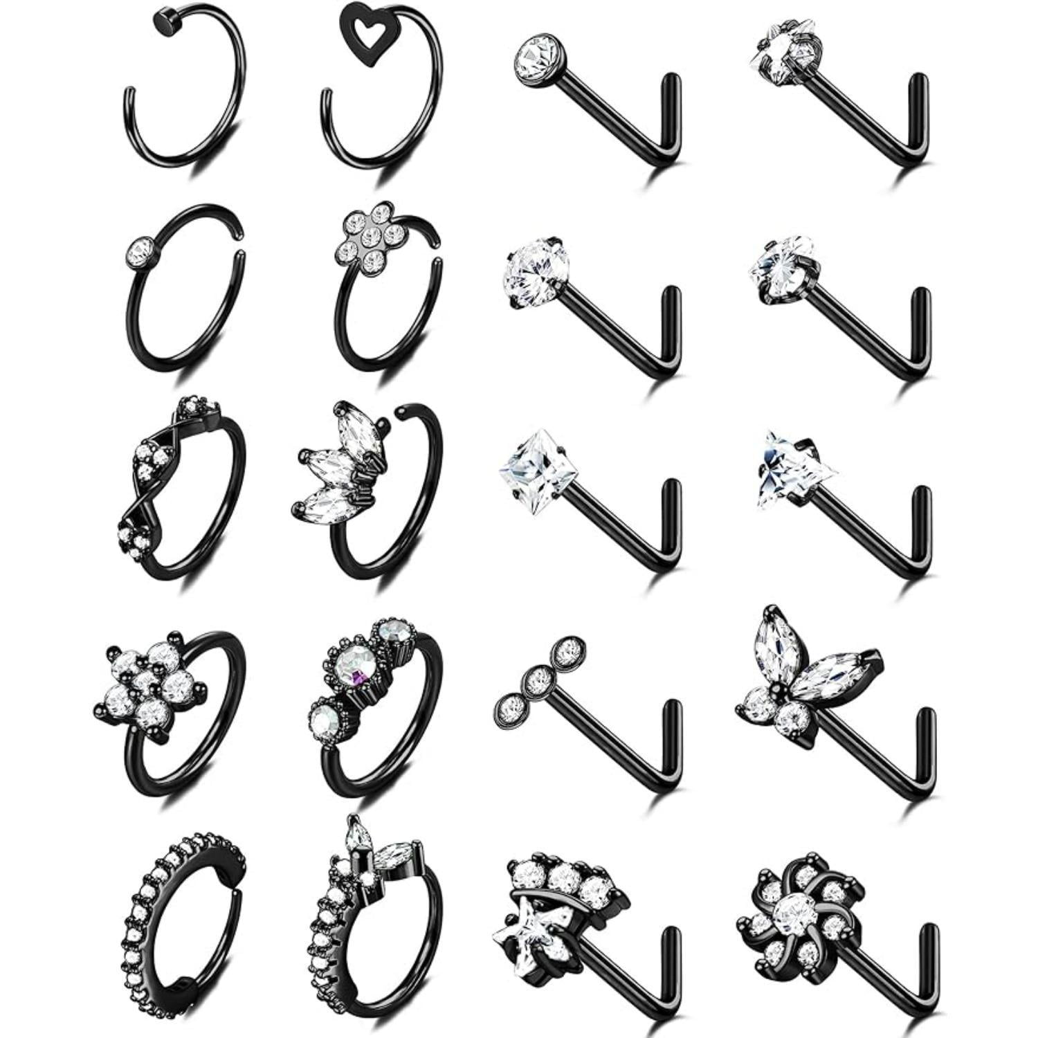 Jstyle 20G Nose Rings Studs Set Stainless Steel Nose Ring Hoops L Shaped Nose Studs Nose Screw ...