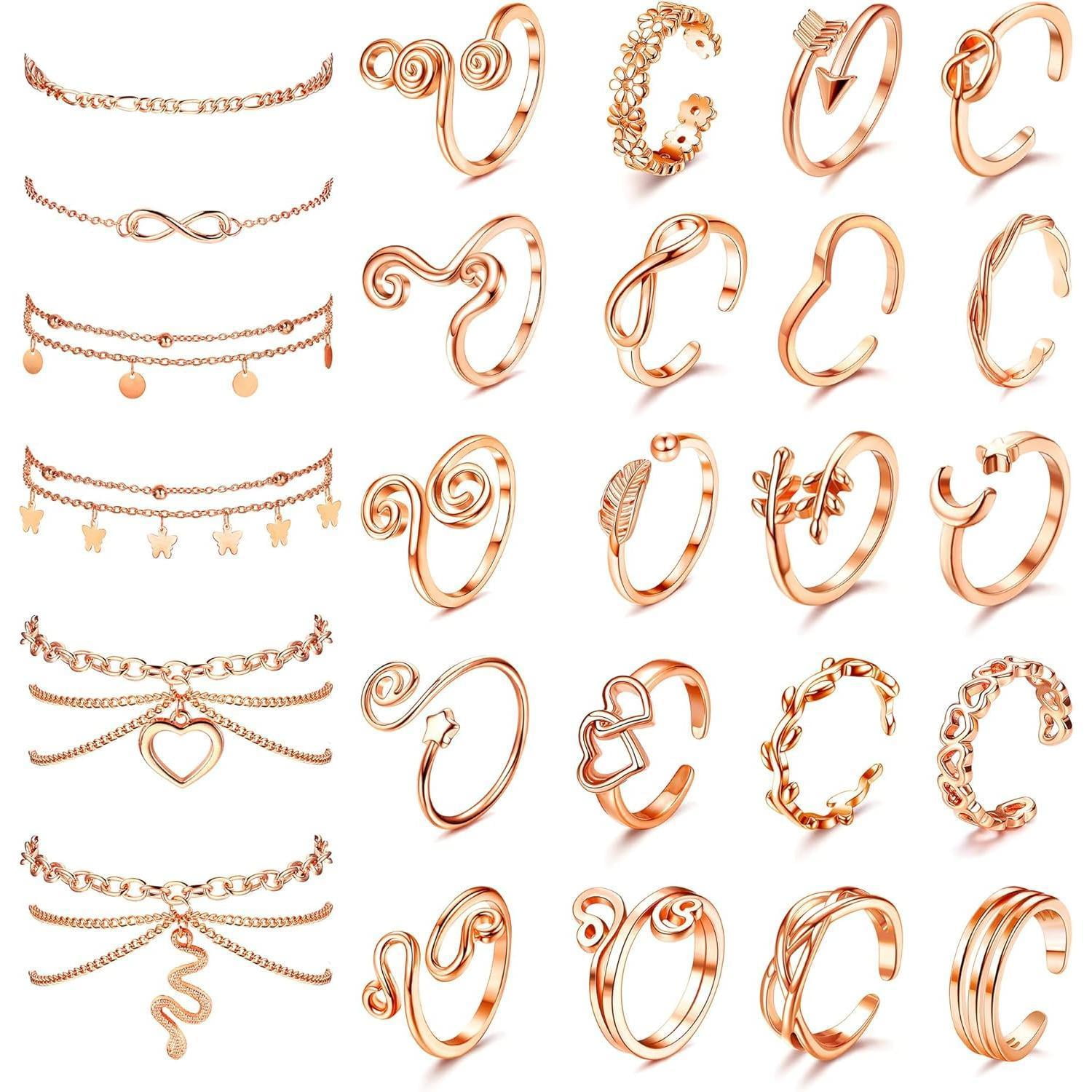 Jstyle 26PCS Toe Rings and Ankle Bracelets for Women Silver Rose Gold ...