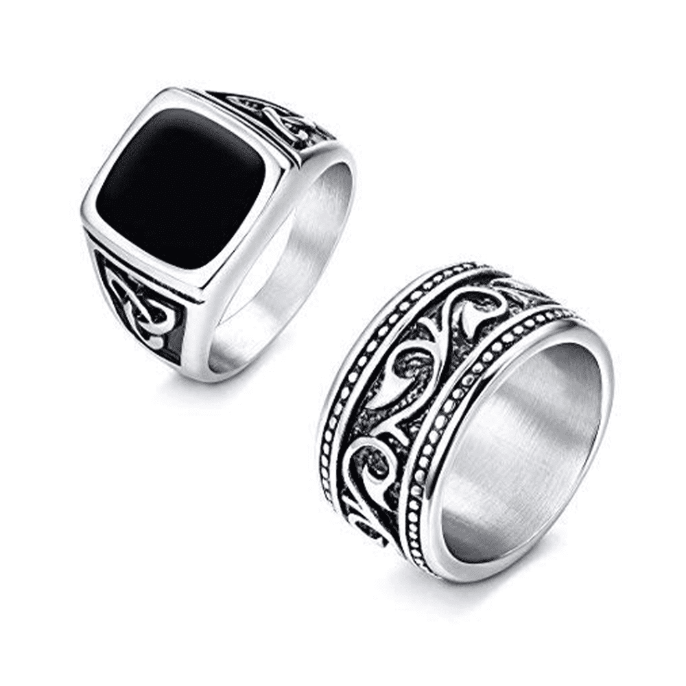 Jstyle 2Pcs Stainless Steel Rings for Men Vintage Biker Signet & Band ...