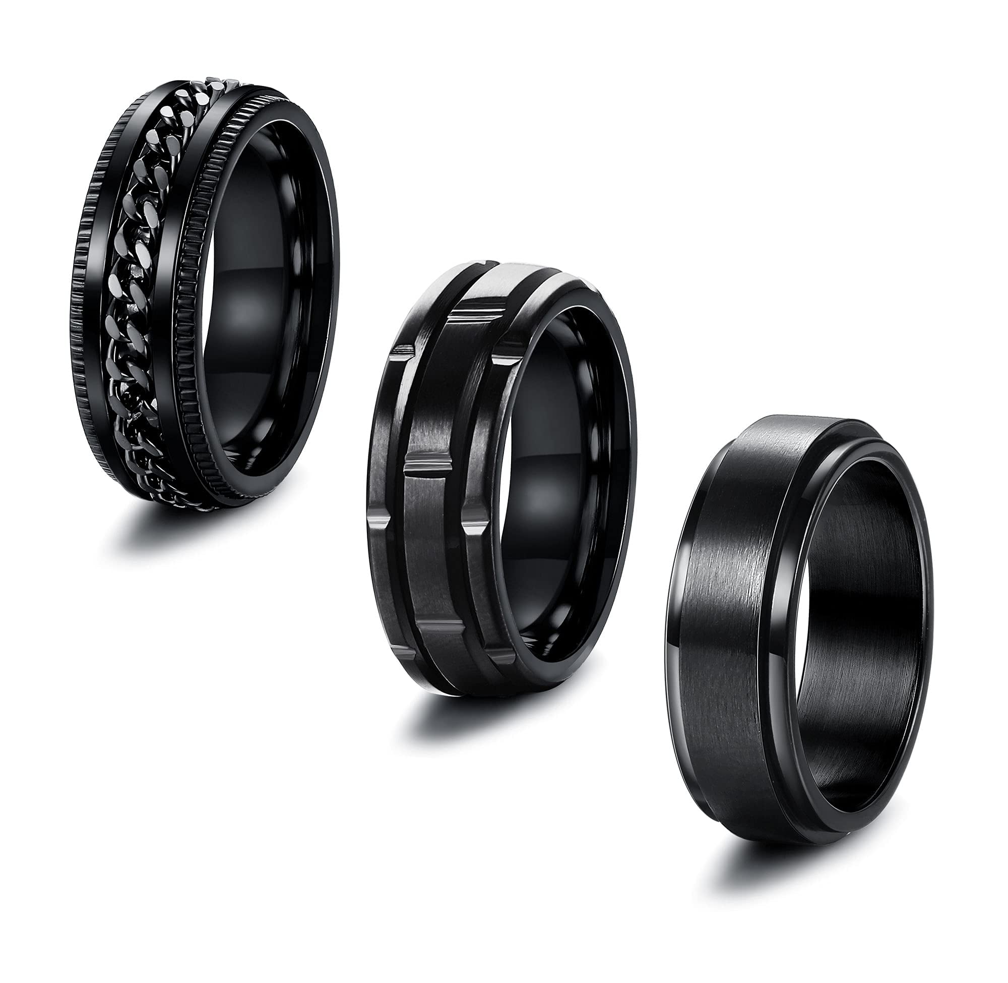 Jstyle 3Pcs Stainless Steel Fidget Rings Set Black Cool Chain Spinner ...