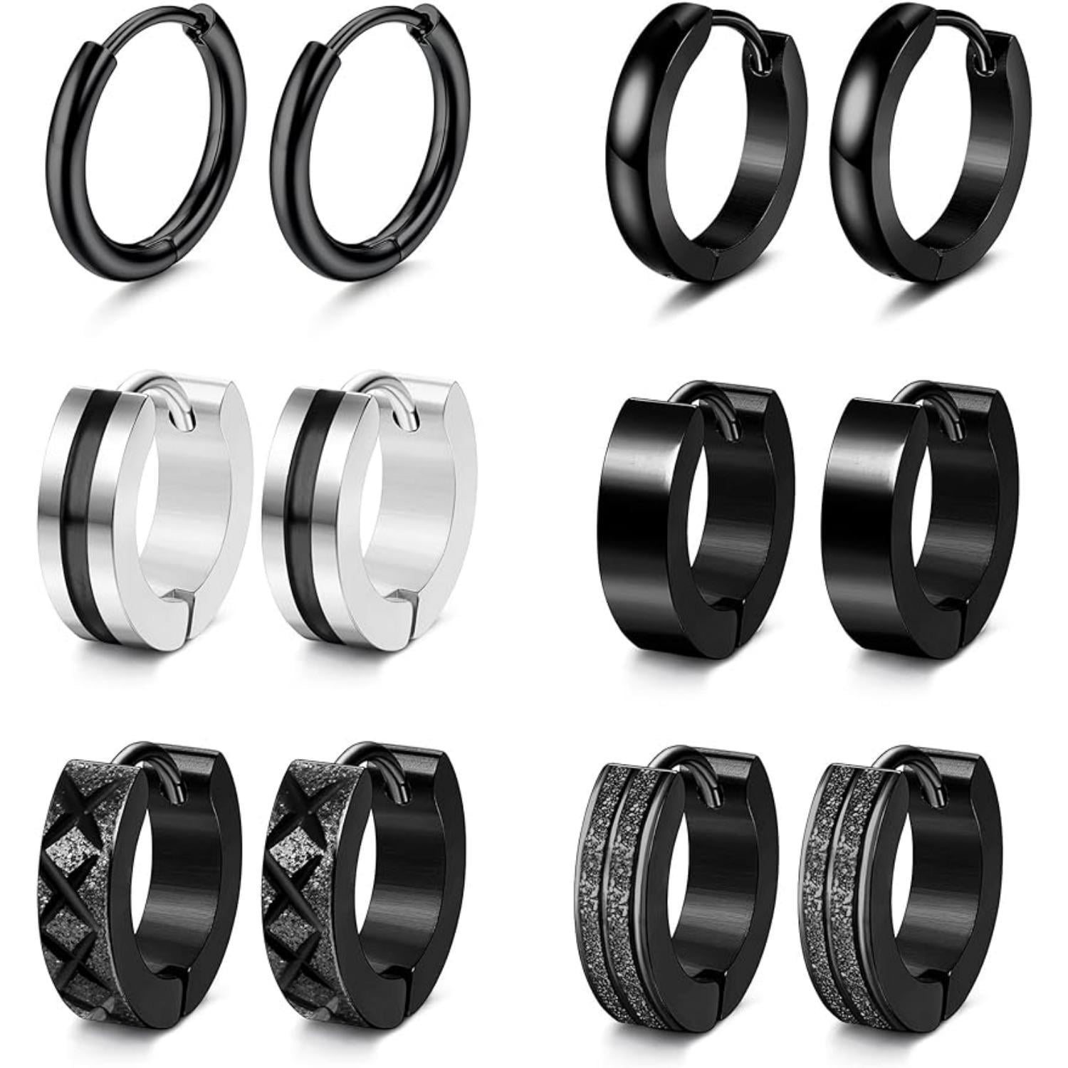 Jstyle 6 Pairs Mens Earrings Hoops Huggies Earrings Set Stainless Steel Earrings Classic Small