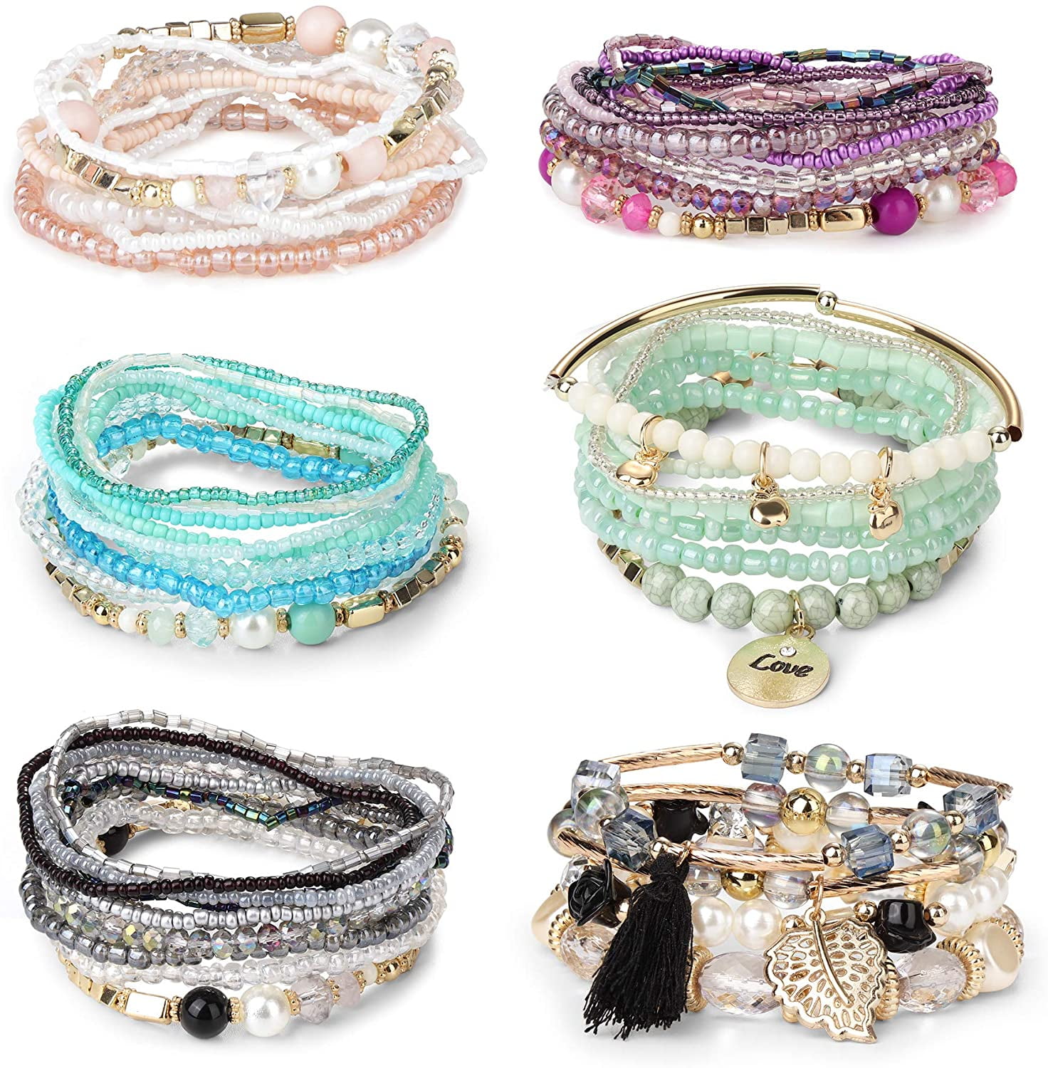 Jstyle 6 Sets Bohemian Stackable Bead Bracelets For Women Stretch