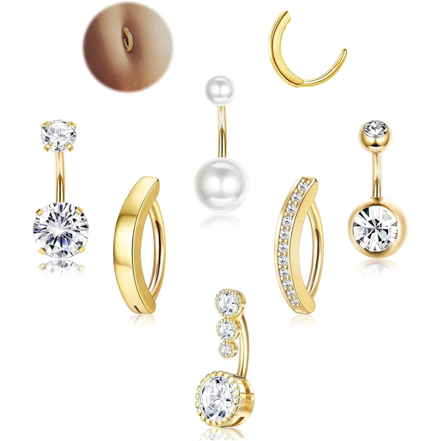 Jstyle 6 pcs Silvery/Golden Belly Button Rings Surgical Stainless Steel ...