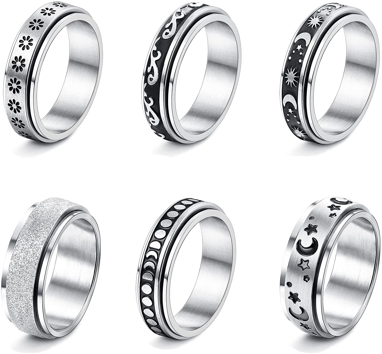 Jstyle 6Pcs Stainless Steel Anxiety Rings Band Fidget Rings for Anxiety ...