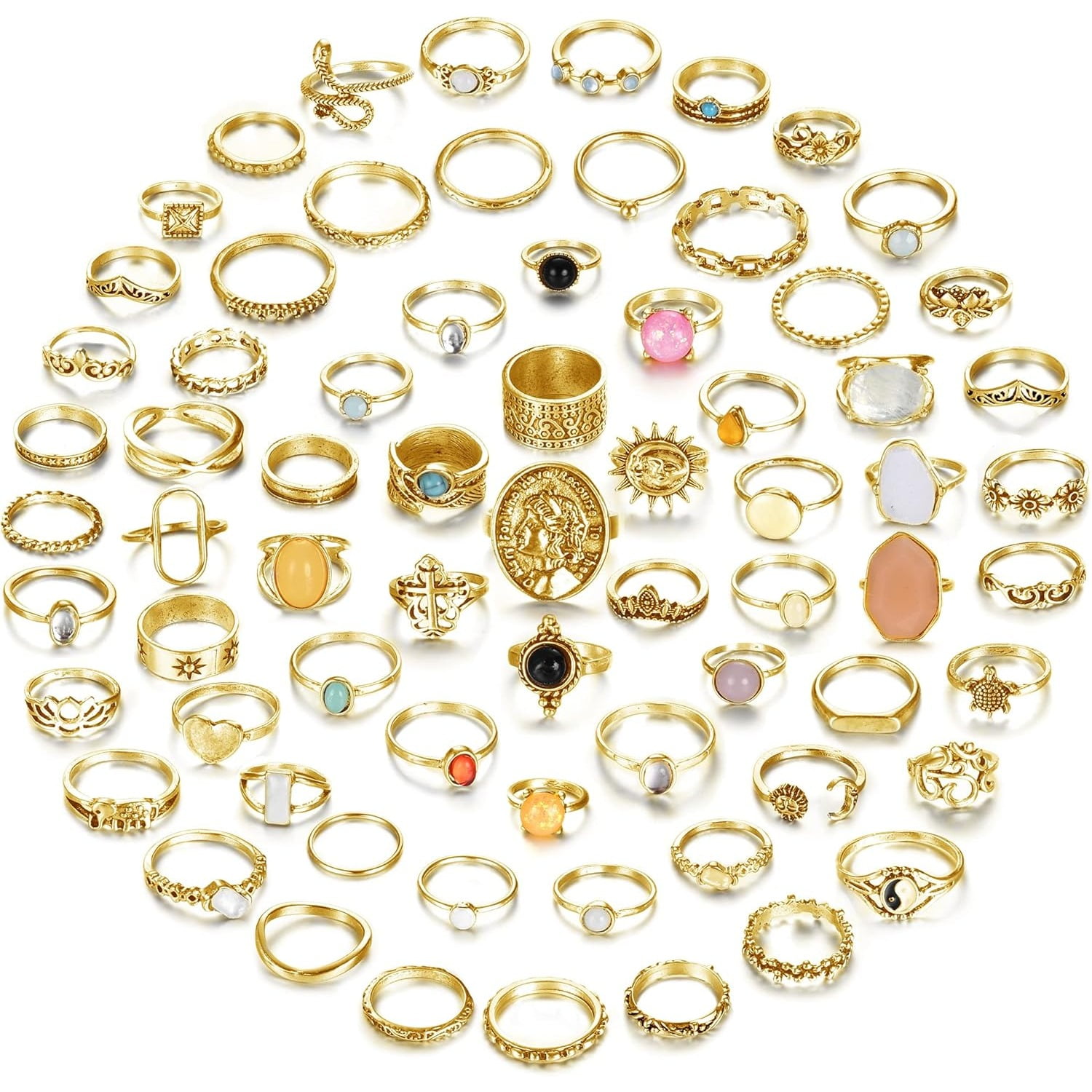 Jstyle 70 Pcs Vintage Synthetic Crystal Ring Set Silvery/Golden Knuckle ...