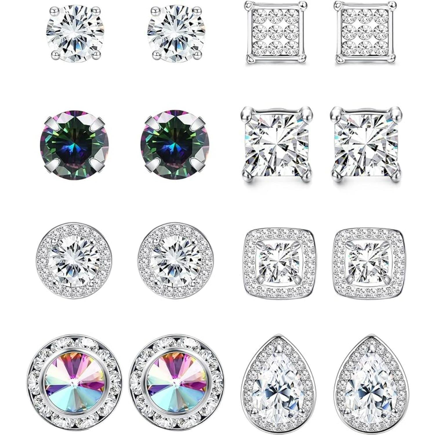 Jstyle 8 Pairs Cubic Zirconia Earrings Studs Classic Hypoallergenic ...