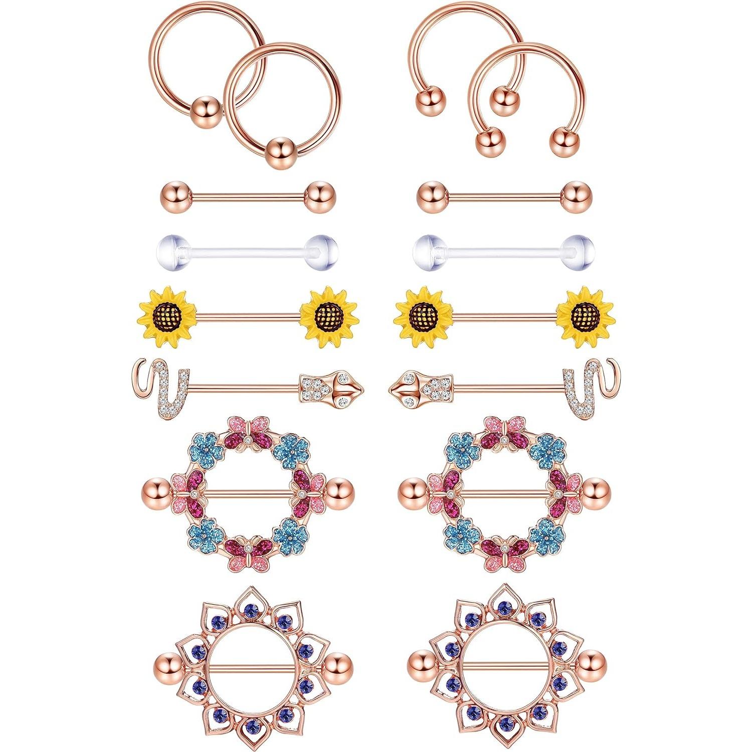 Body Candy 14G Women Nipplerings Piercing 9/16" Steel Pink Accent 2Pc ...