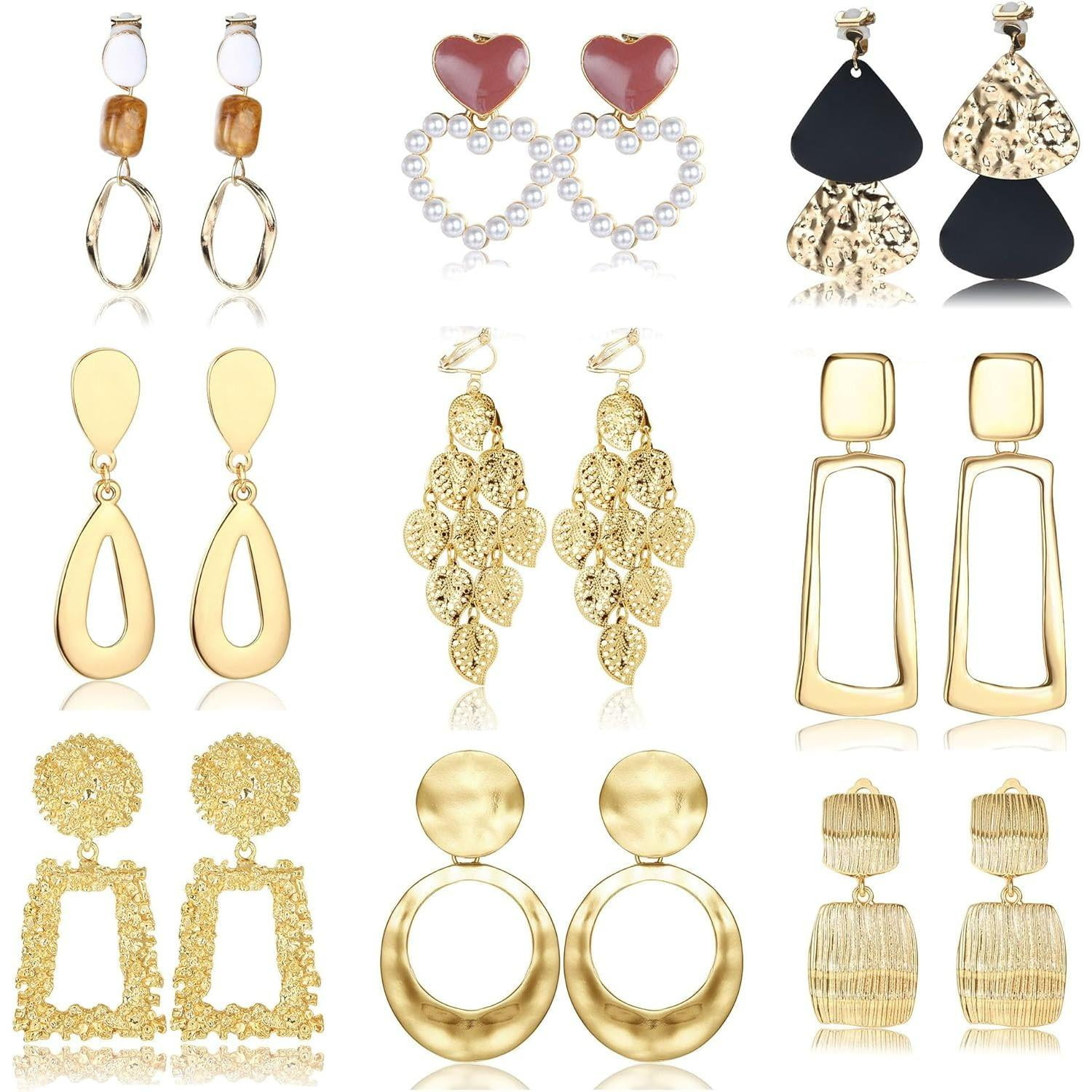 Jstyle 9Pairs Clip On Earrings for Women Dangling Non Piercing Leaf ...