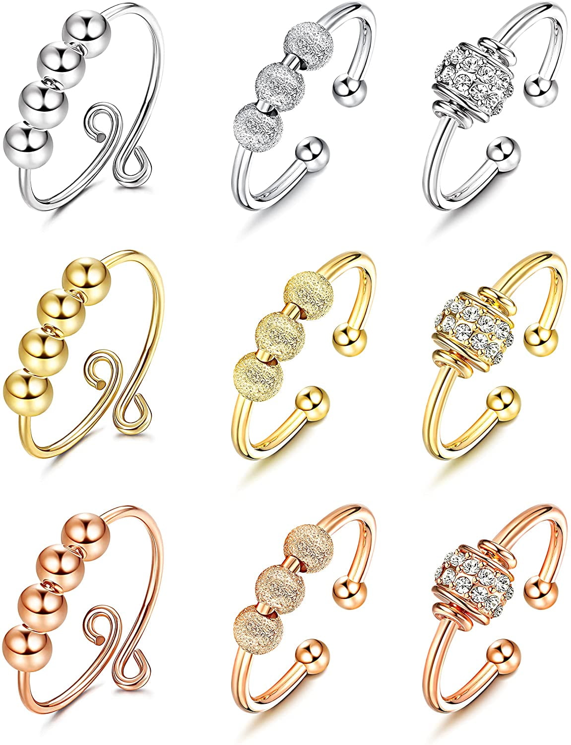 Jstyle 9Pcs Anxiety Ring with Beads Adjustable Gold Silver Thumb ...