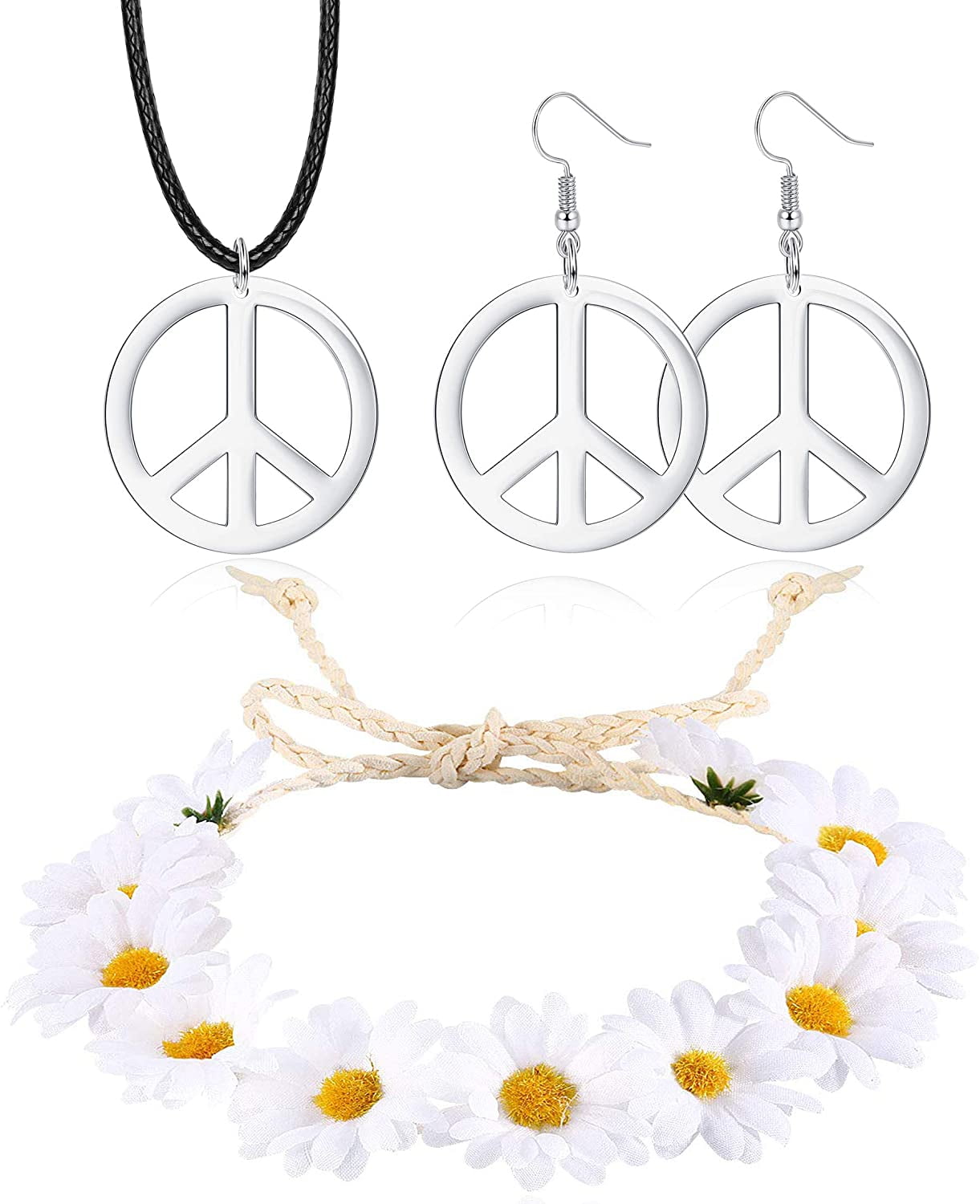 Jstyle Hippie Costume Set, Peace Sign Necklace, Peace Sign Earrings, Flower Crown Headband ...