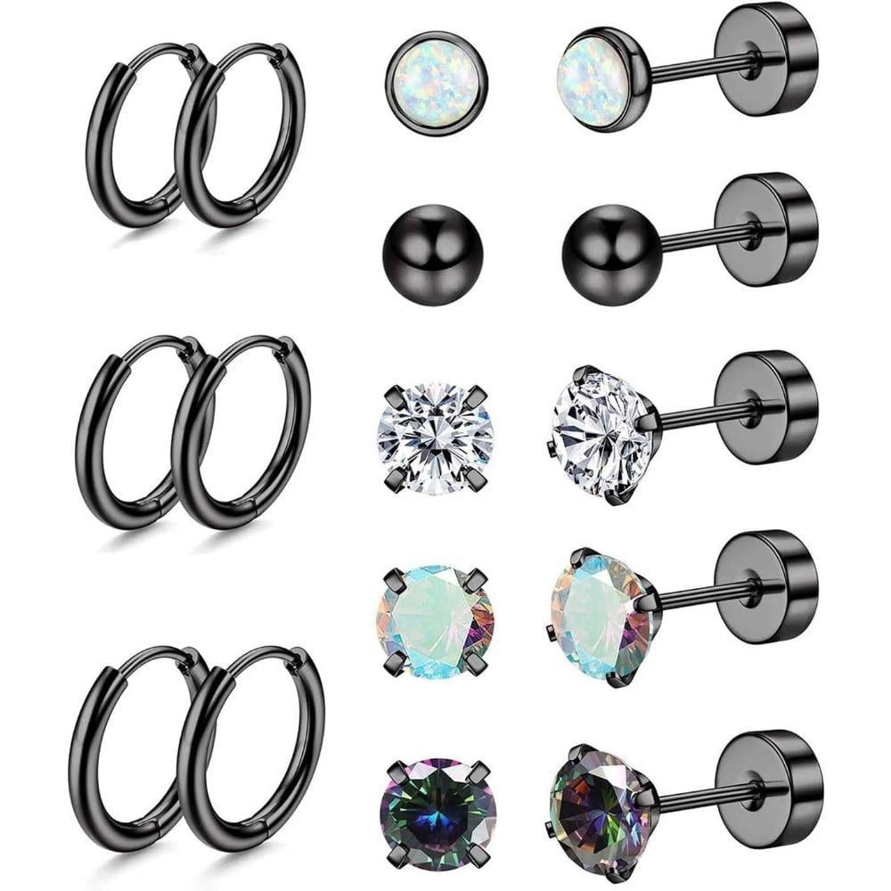 Jstyle Sensitive Ears 20G Stainless Steel Stud Hoop Earrings for Women Men Small Opal Ball CZ ...