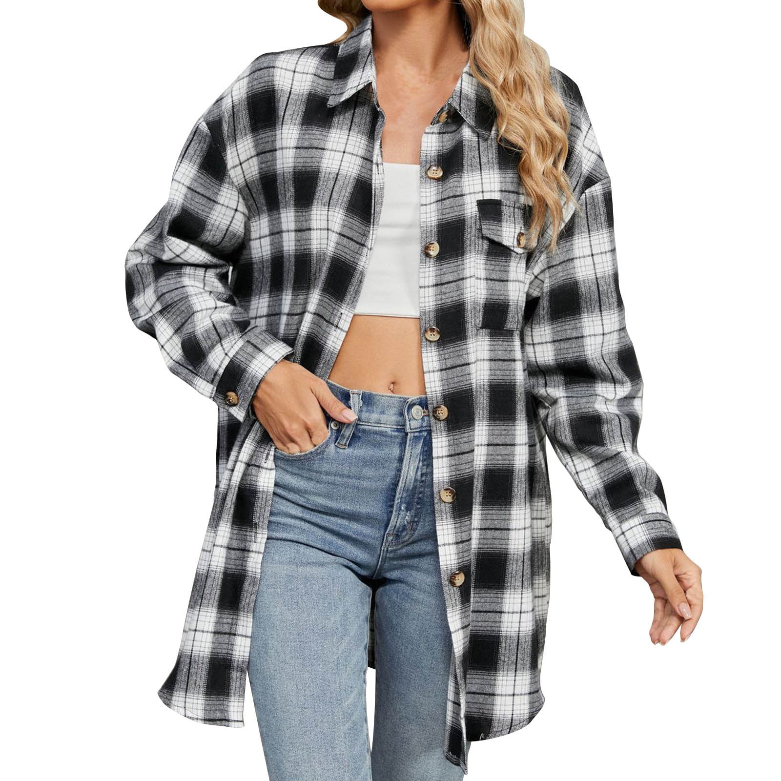Jszlgo Women's Flannel Plaid Shacket Long Sleeve Button Down Shirts ...