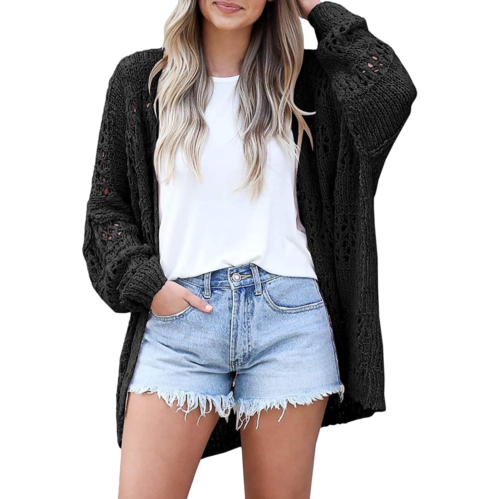 Jtckarpu Womens Crochet Cardigan Sweater Kimonos Boho Solid Color