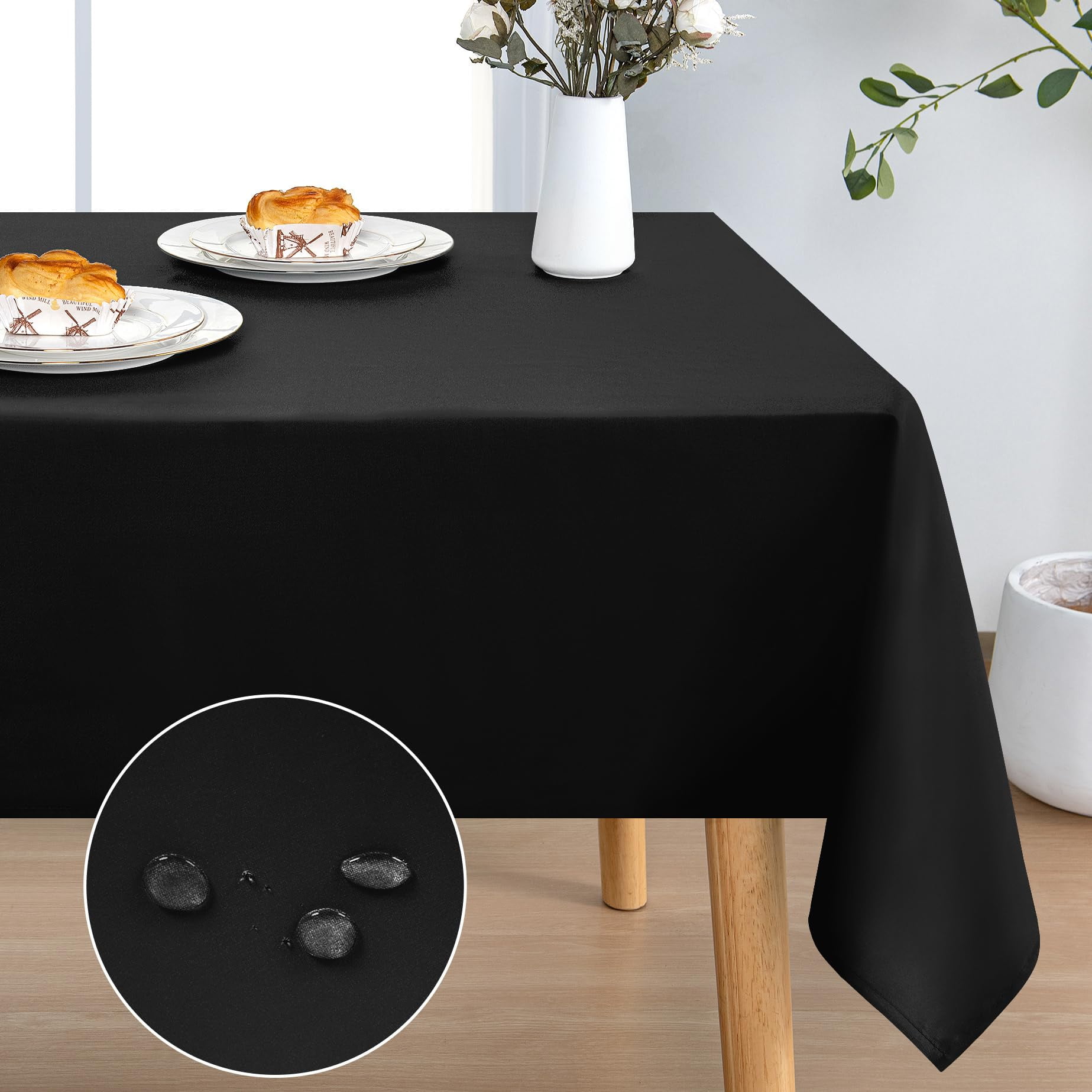 JuFang Black Tablecloth for Rectangular Table - Exquisite Wrinkle Free ...