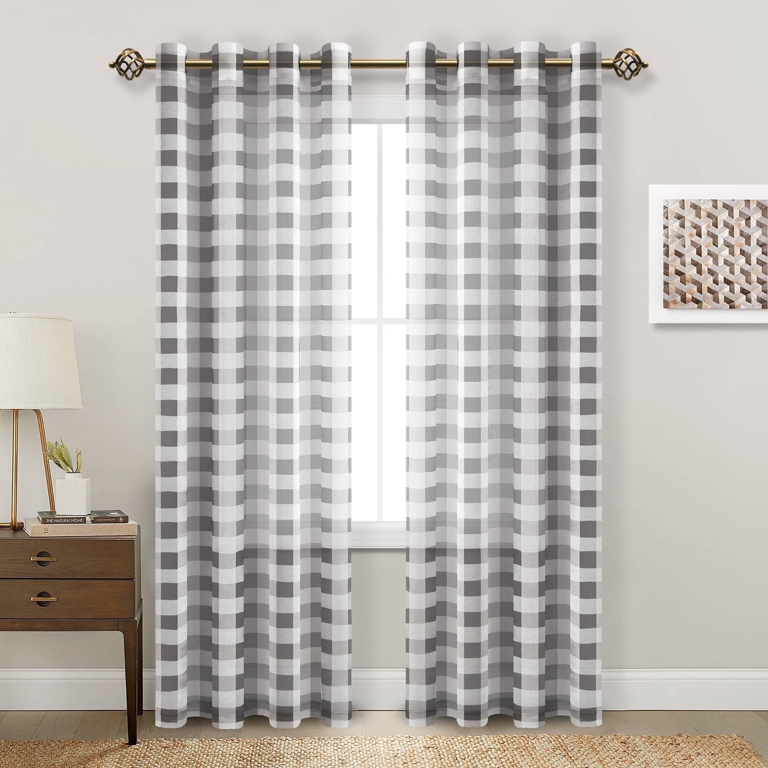 Jufang Checkered Light Filtering Grommet Curtains, Gray and White, 52 x ...